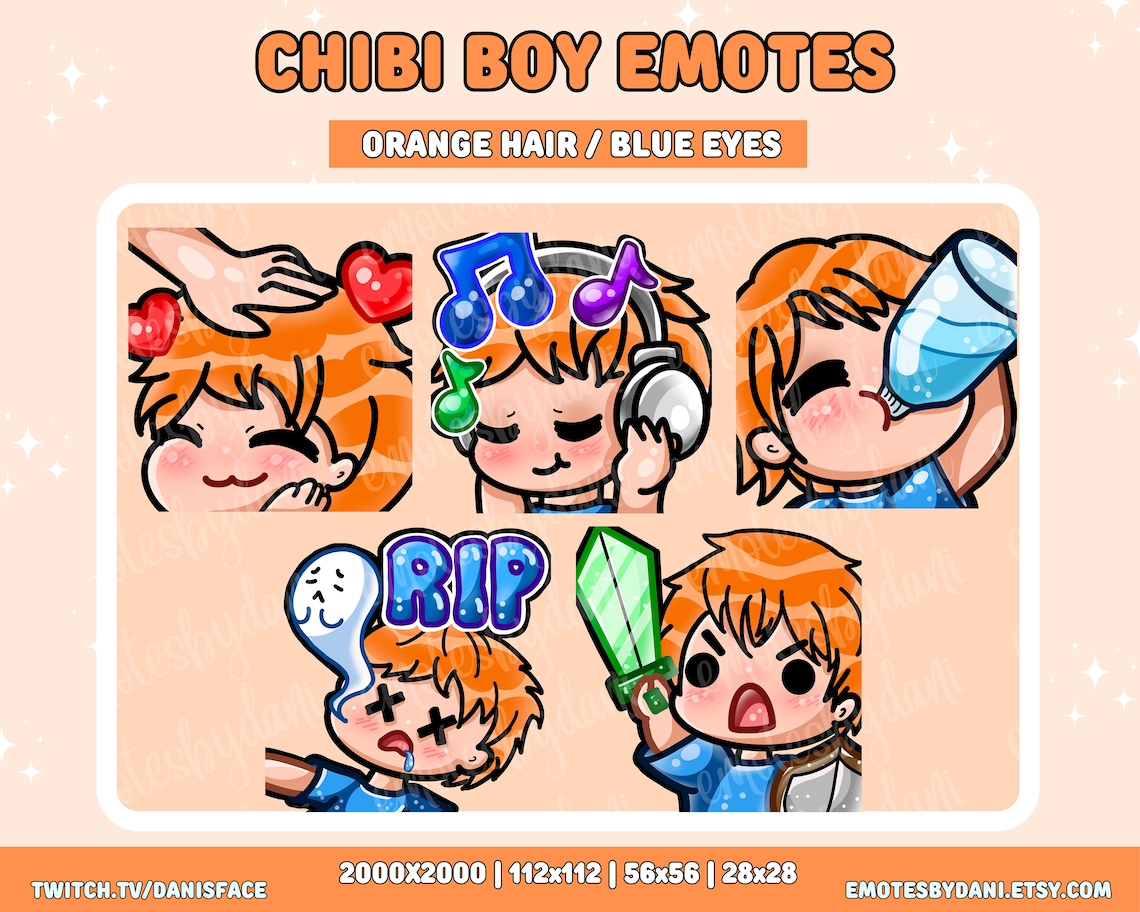 5 PACK Chibi Boy Emotes Twitch Emotes Orange Hair & Blue - Etsy