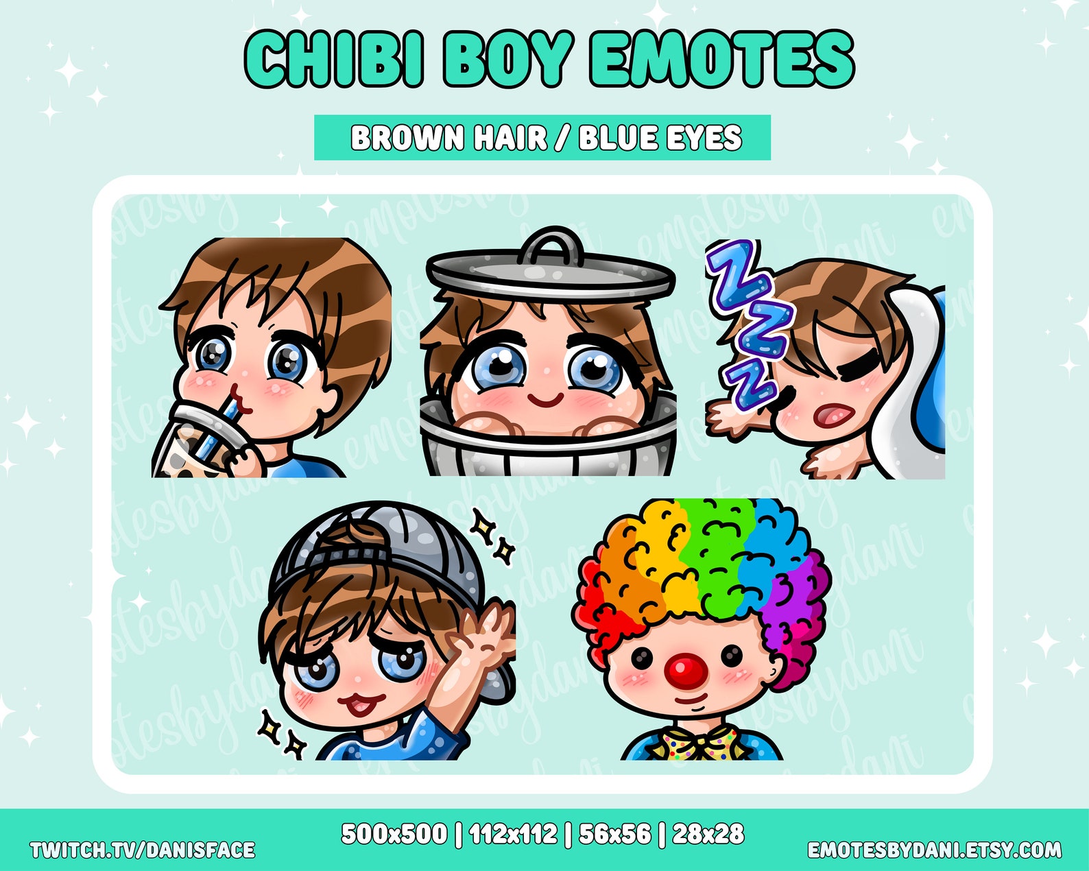 5 PACK Chibi Boy Emotes Twitch Emotes Brown Hair & Blue Eyes Version 3 ...