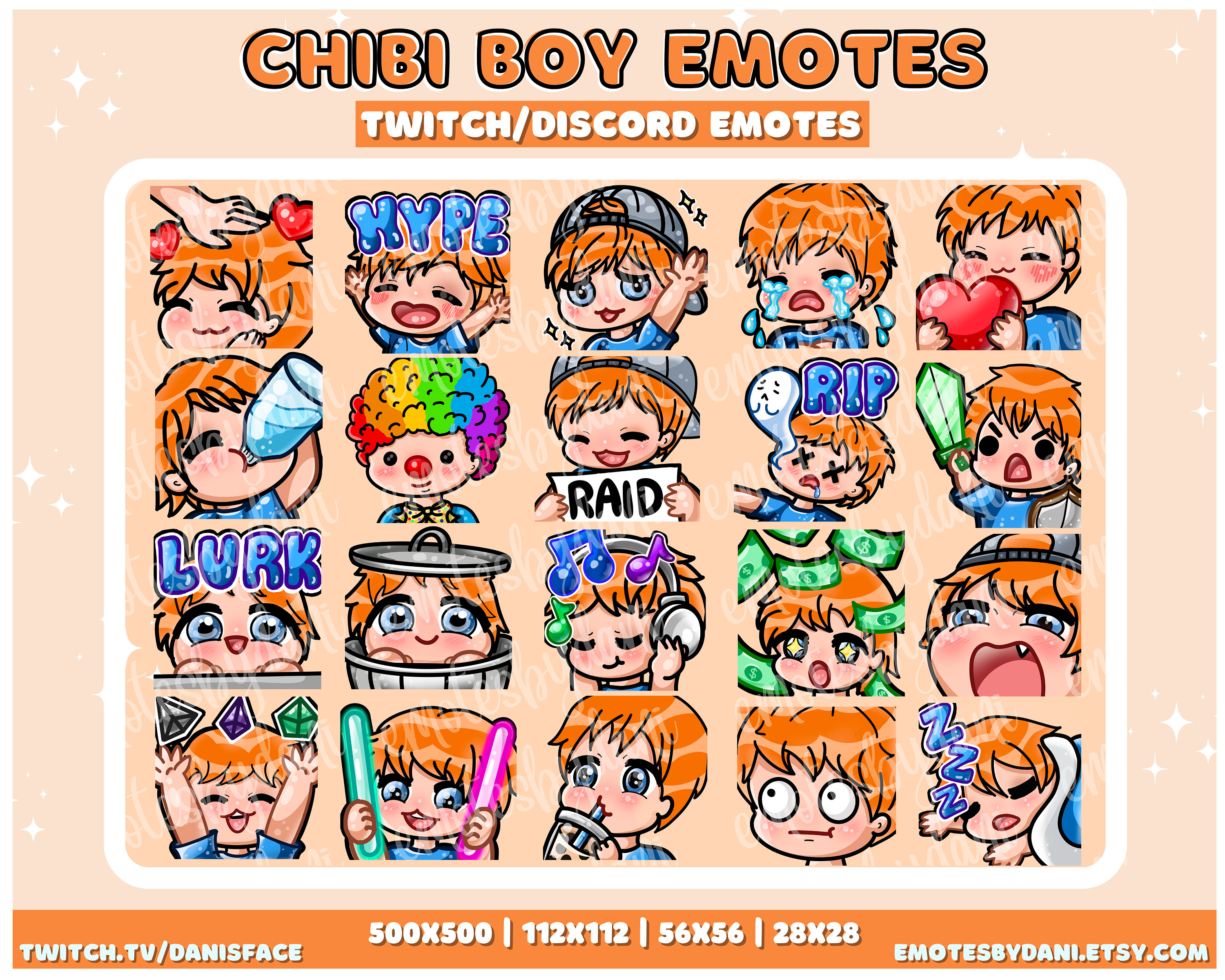 20 PACK Chibi Boy Emotes Twitch Emotes Orange Hair & Blue Eyes - Etsy