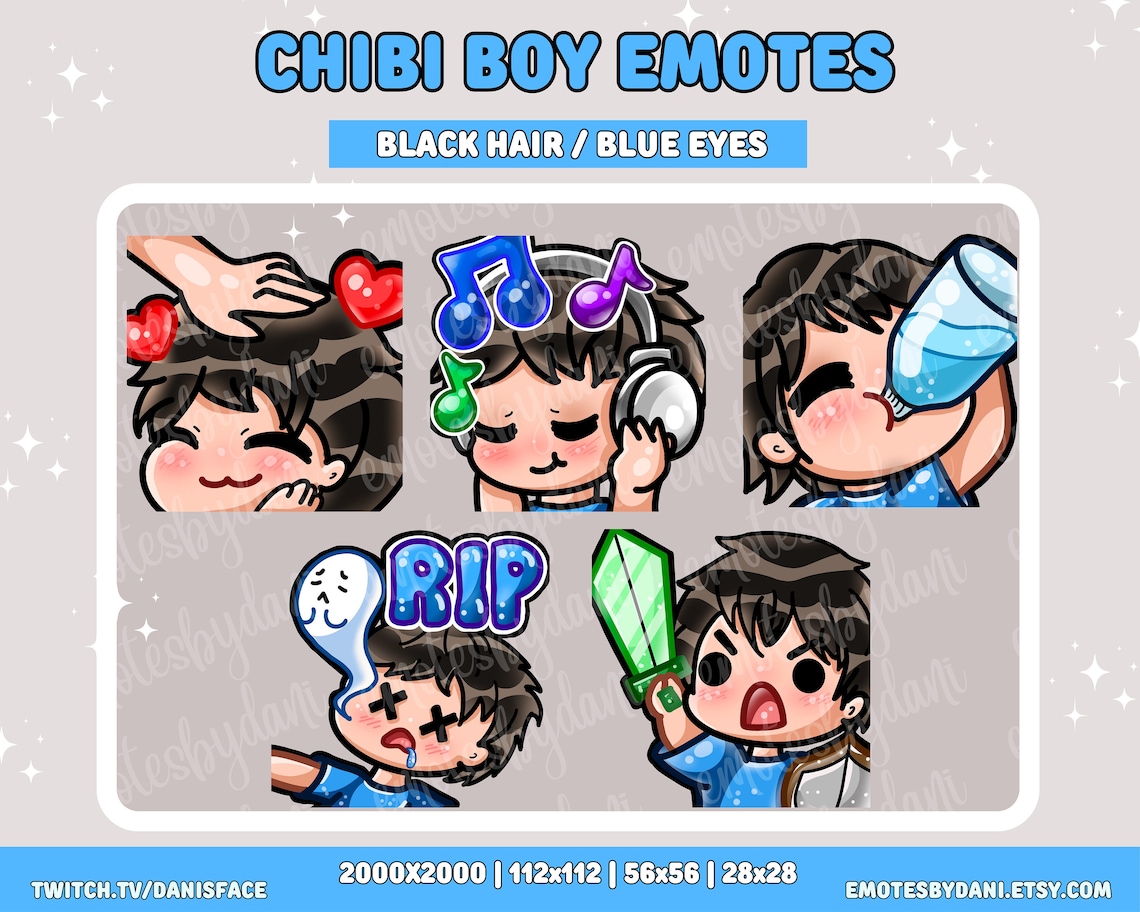 5 PACK | Chibi Boy Emotes | Twitch Emotes | Black Hair & Blue Eyes ...