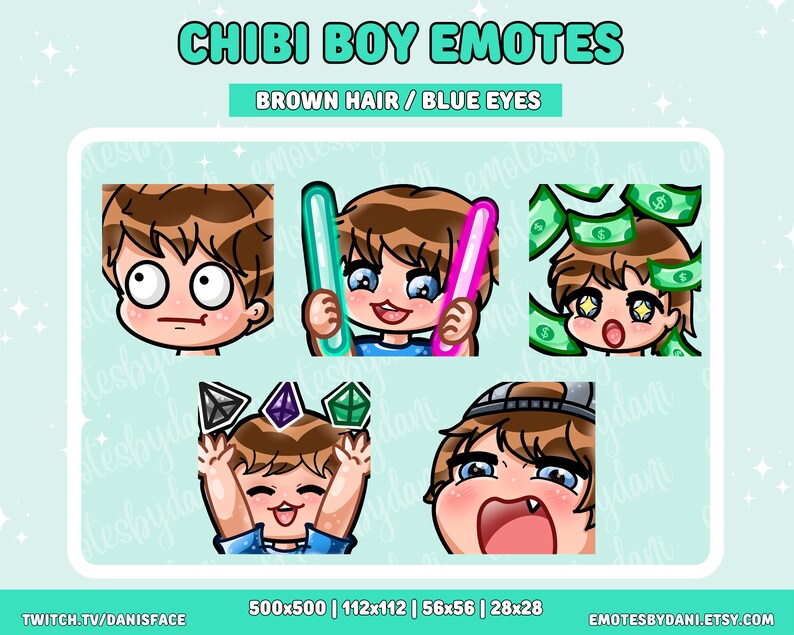 5 PACK | Chibi Boy Emotes | Twitch Emotes | Brown Hair & Blue Eyes ...