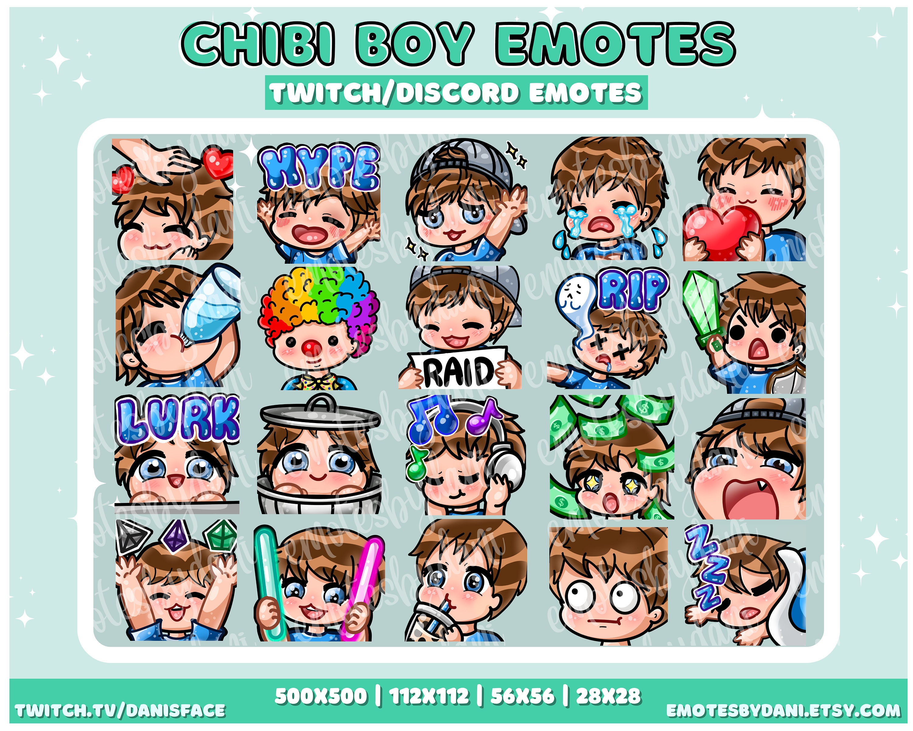 20 PACK Chibi Boy Emotes Twitch Emotes Brown Hair & Blue Eyes - Etsy