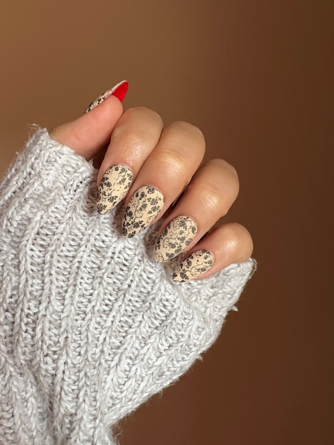 Red Bottom Nails, Black Floral Lace, Press on Nails, Natural Short Wide ...