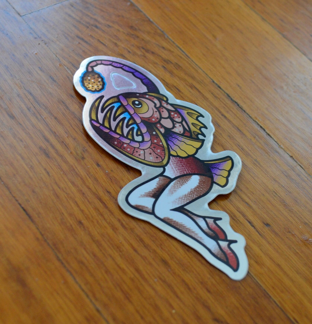 Reflective Reverse Mermaid Sticker, Angler Fish Sticker, Traditional ...
