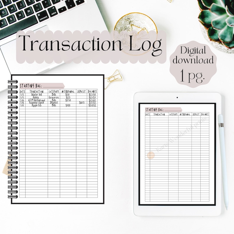 Transaction Log Printable | A4, A5, Classic Happy Planner | Monthly ...