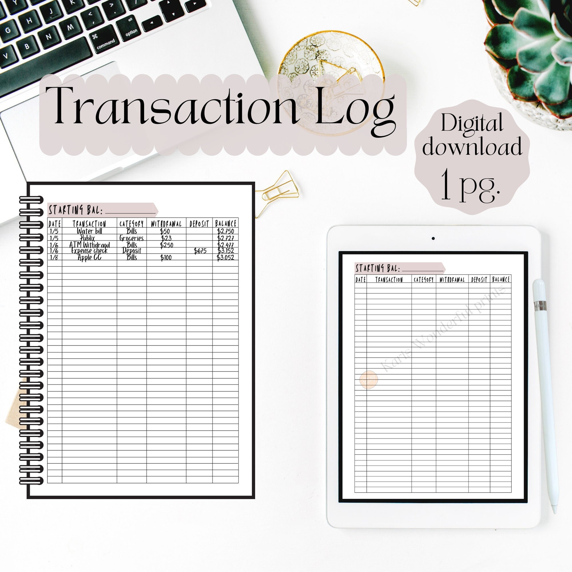 Transaction Log Printable | A4, A5, Classic Happy Planner | Monthly ...