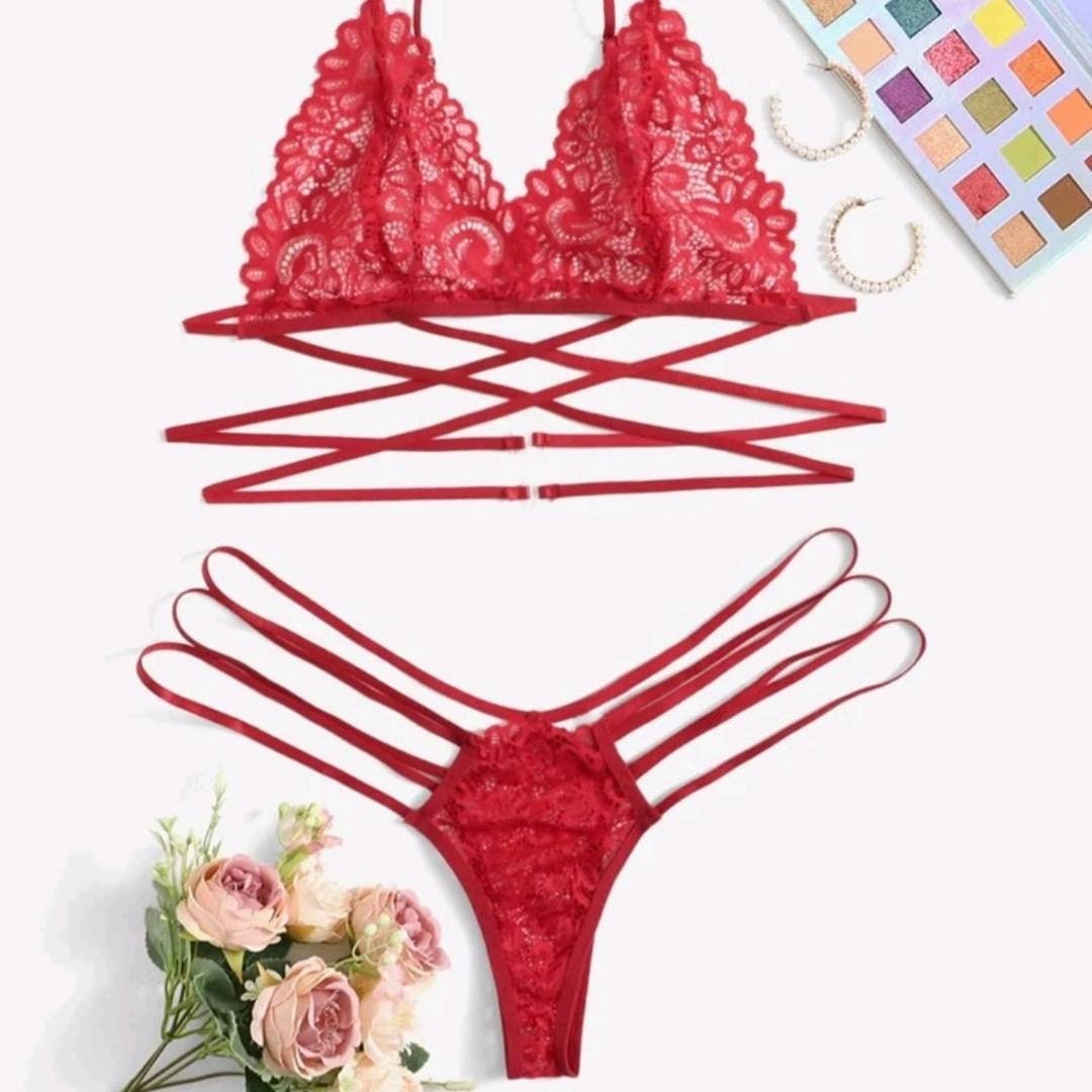 Red Lace 2 Piece Lingerie Set Bra Gstring Thong Panties Etsy