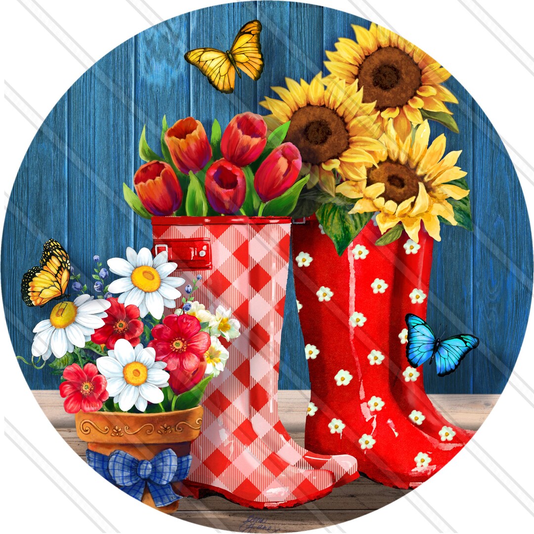 Spring Rain Boots Sign Spring Flowers Sunflowers and Tulips Spring ...