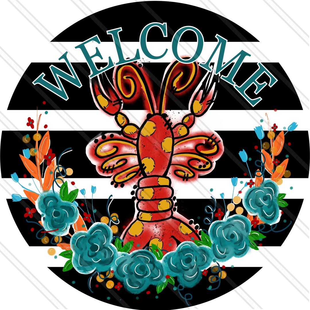 Welcome Crawfish Sign - Blue Flowers - Mudbugs Sign - Black and White ...
