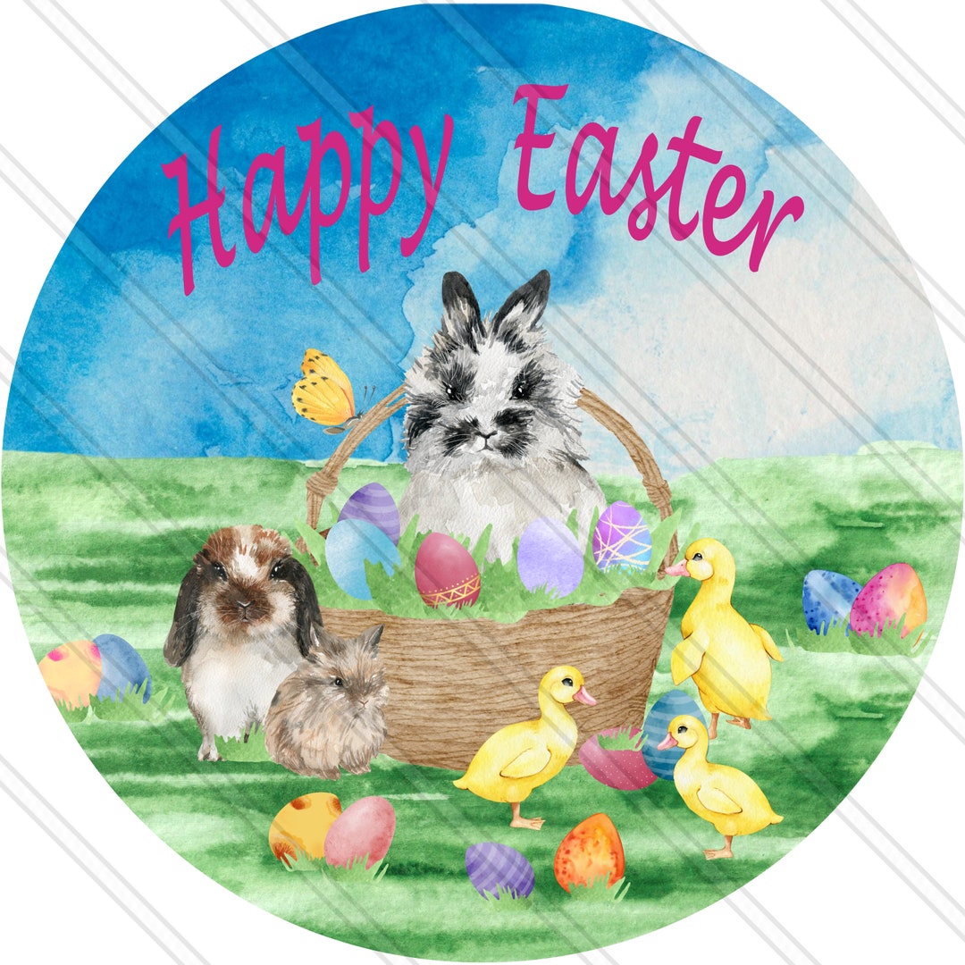Happy Easter Sign - Easter Basket Sign - Bunnies and Duckling Sign ...