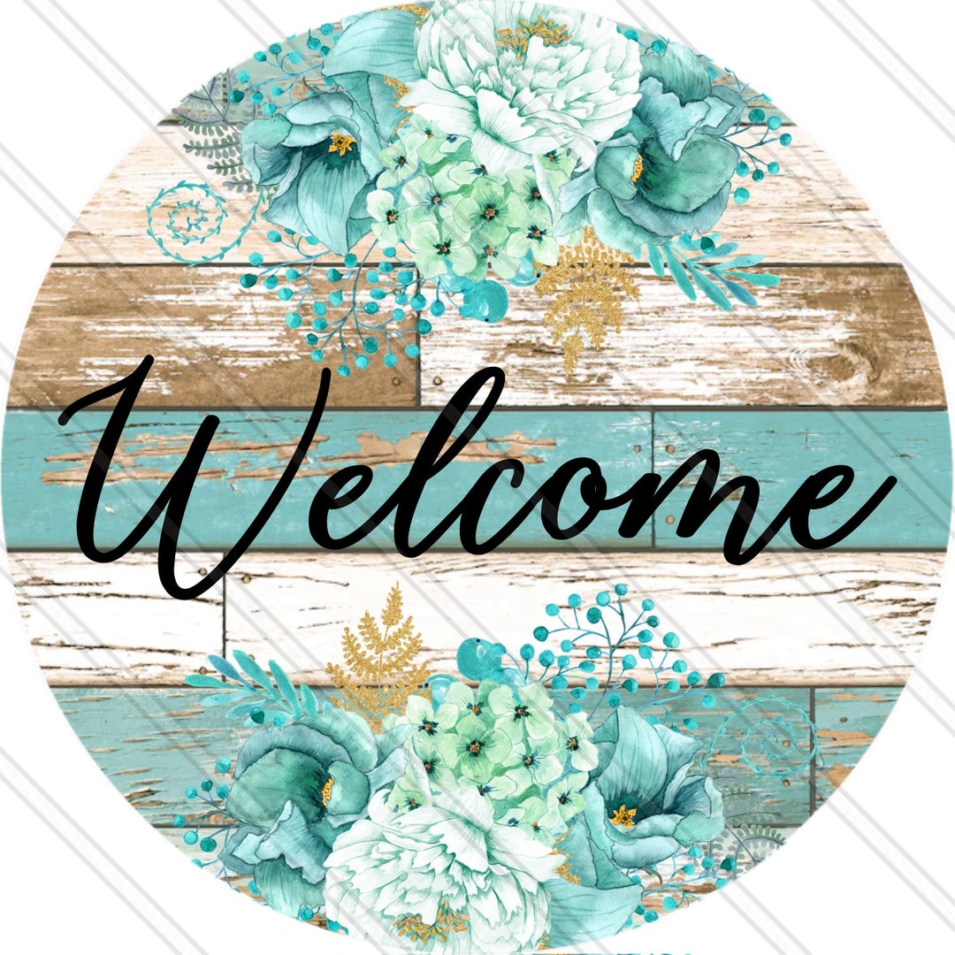 Welcome Blue Floral Wreath Sign Rustic Sign Farmhouse Blue Rustic ...