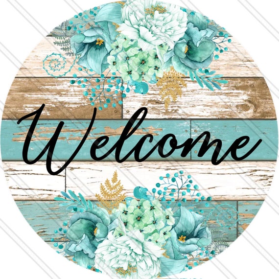 Welcome Blue Floral Wreath Sign Rustic Sign Farmhouse Blue | Etsy