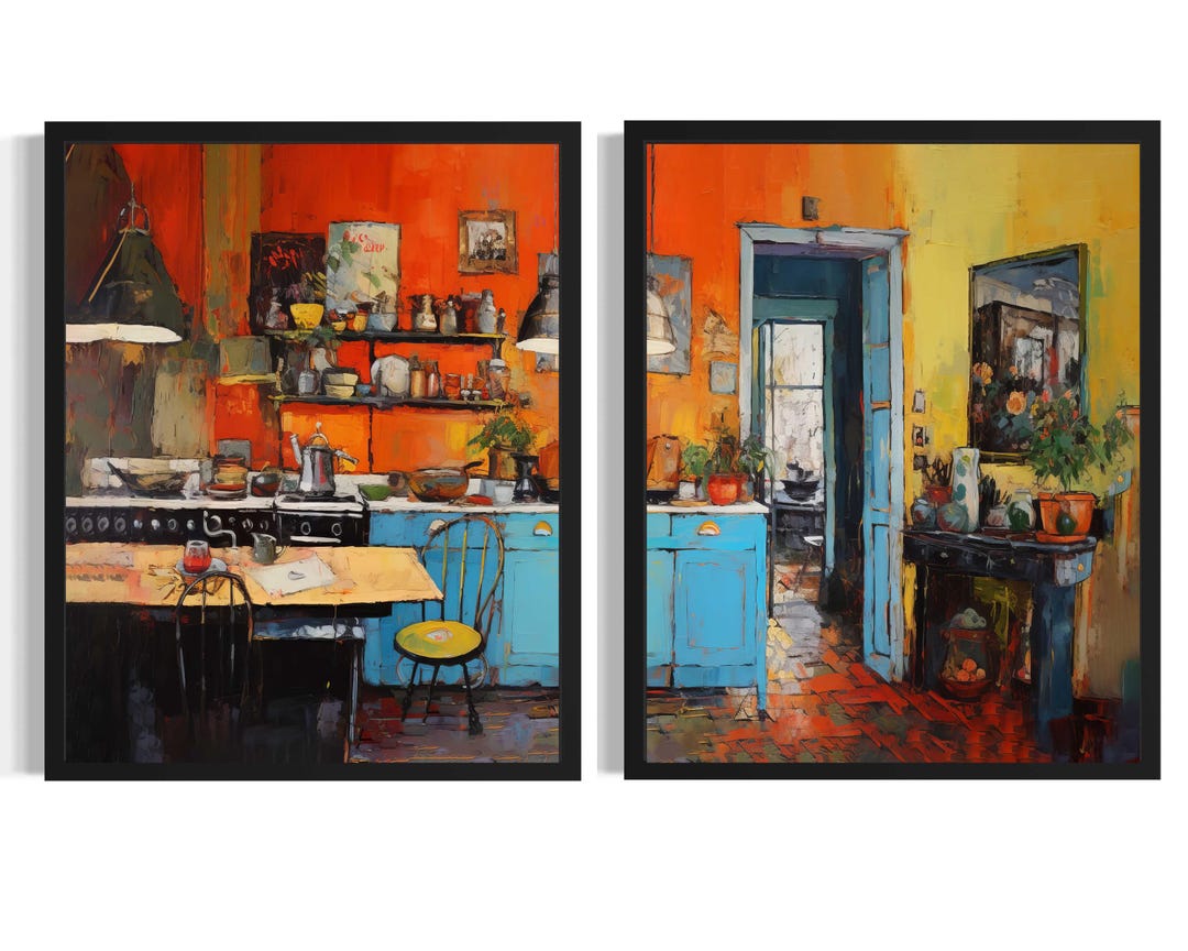 Vintage Kitchen Poster Art Print (set of 2), Abstract Wall Art Painting ...