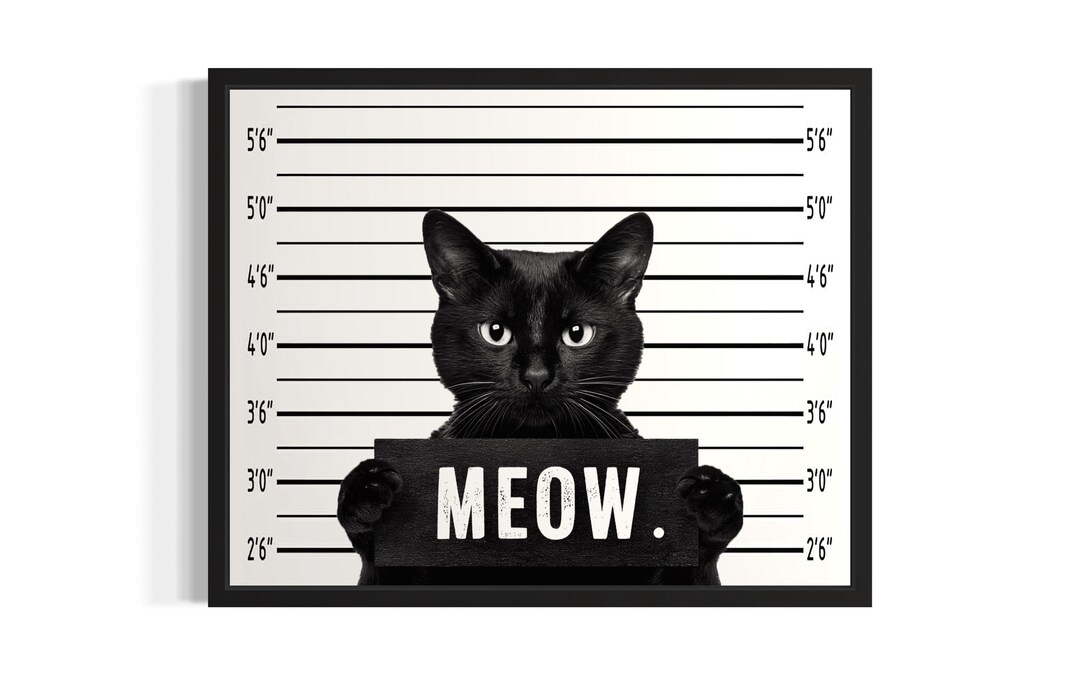 Funny Cat Mugshot Meow B&W Poster Art Print, Cat Wall Art Painting ...