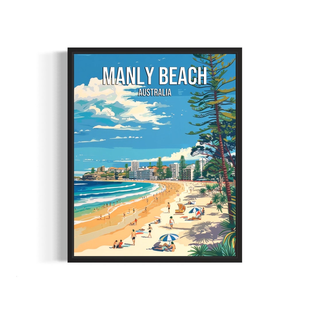 Manly Beach Australia Poster Art Print, City Retro Vintage Painting ...