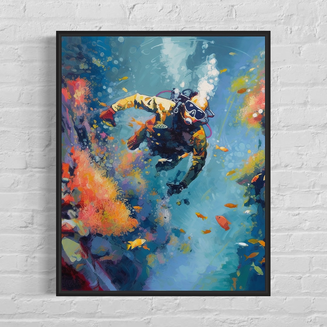 Scuba Diving Abstract Painting Art Print, Colorful Abstract Wall Art ...