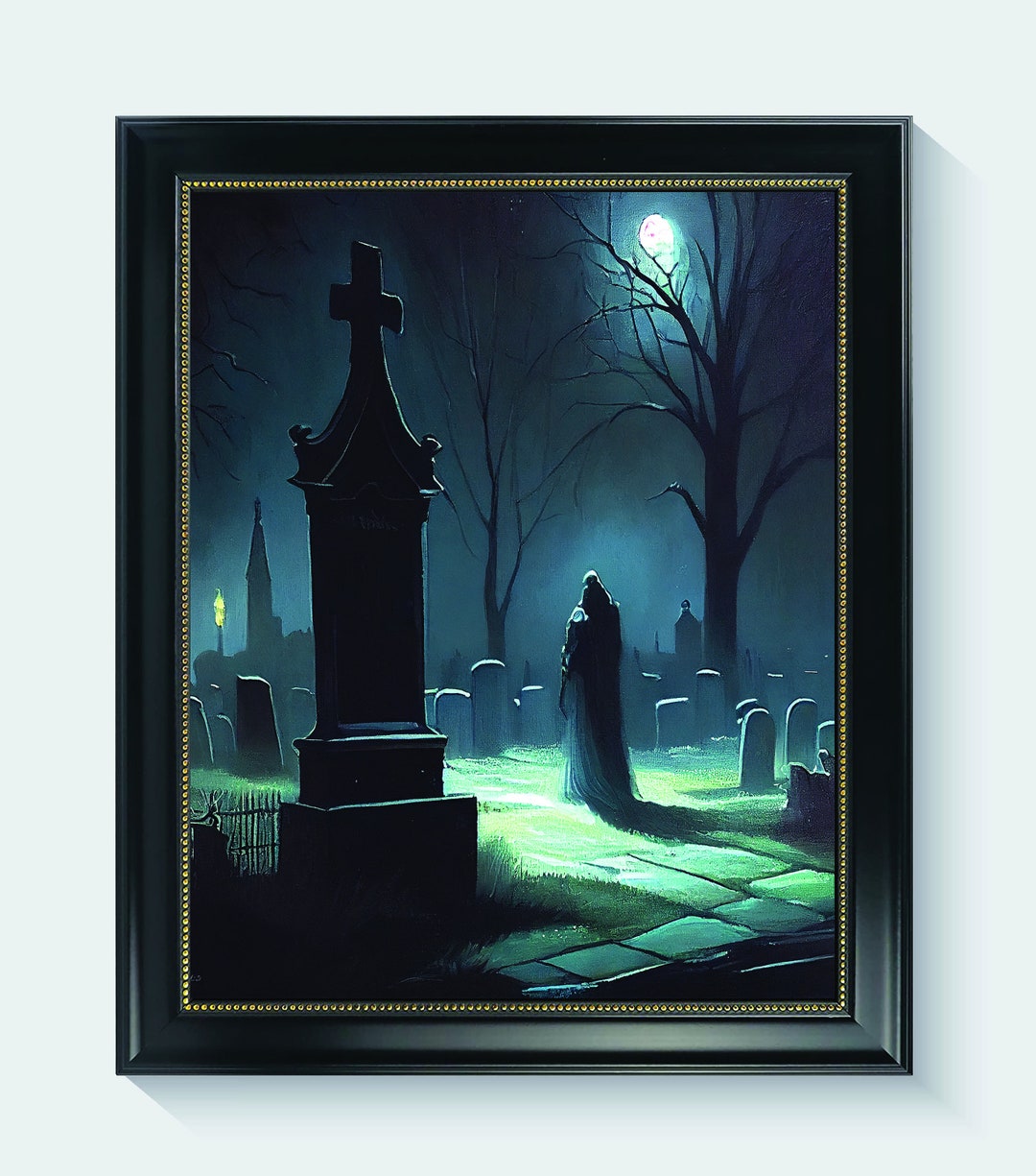 Ghost in a Graveyard Poster Art Print, Gothic Wall Decor Painting ...