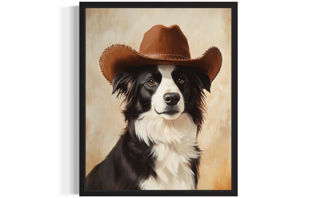 Border Collie Cowboy Hat Poster Art Print, Dog Wall Art Painting ...