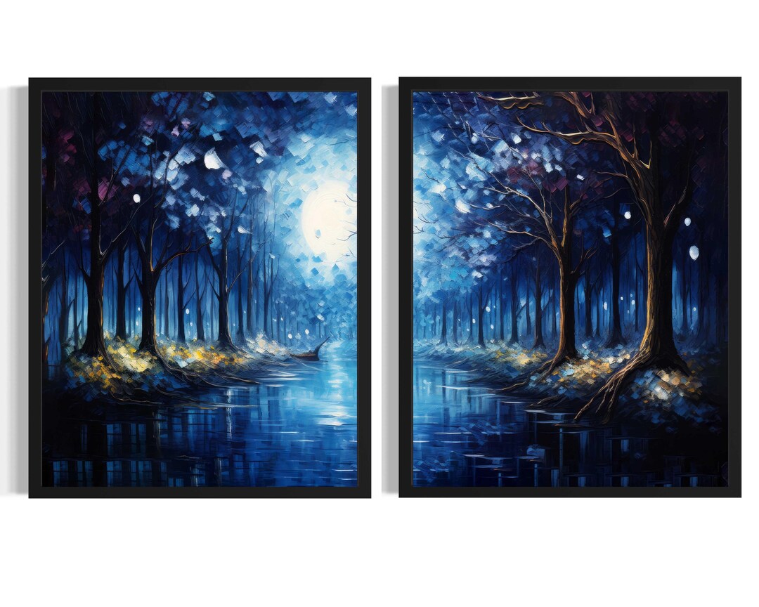 Navy Forest Poster Art Print (set of 2), Abstract Wall Art Painting ...
