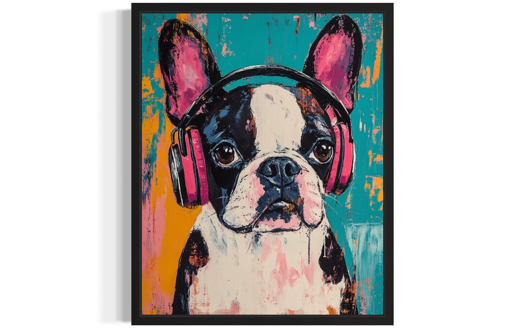 Bulldog Music Headphone Poster Art Print, Dog Wall Art Painting Picture ...