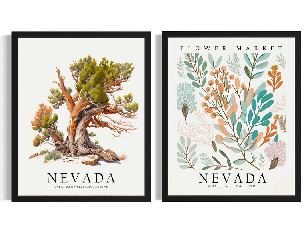 Nevada State Poster Art Print (set of 2), Flower Market and Tree Wall ...