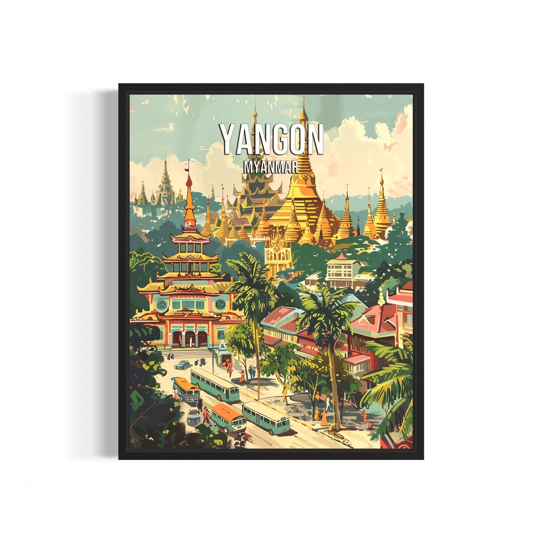 Yangon Myanmar Poster Art Print, City Retro Vintage Painting Wall Art ...