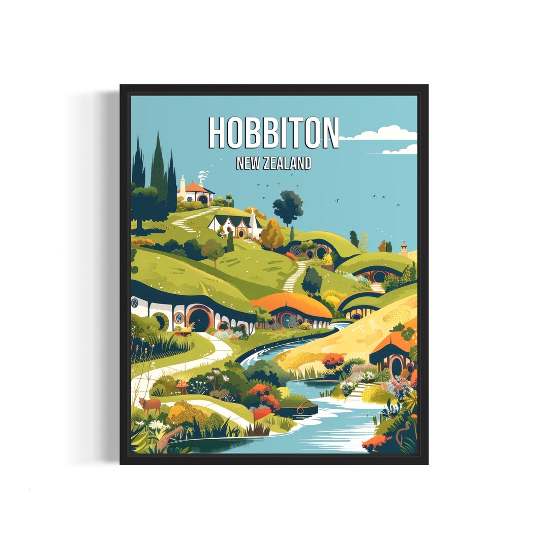 Hobbiton New Zealand Poster Art Print, City Retro Vintage Painting Wall ...