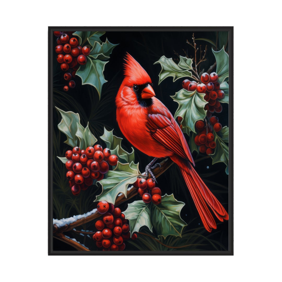 Red Cardinal and Holly Berries Poster Art Print, Holiday Christmas Wall ...