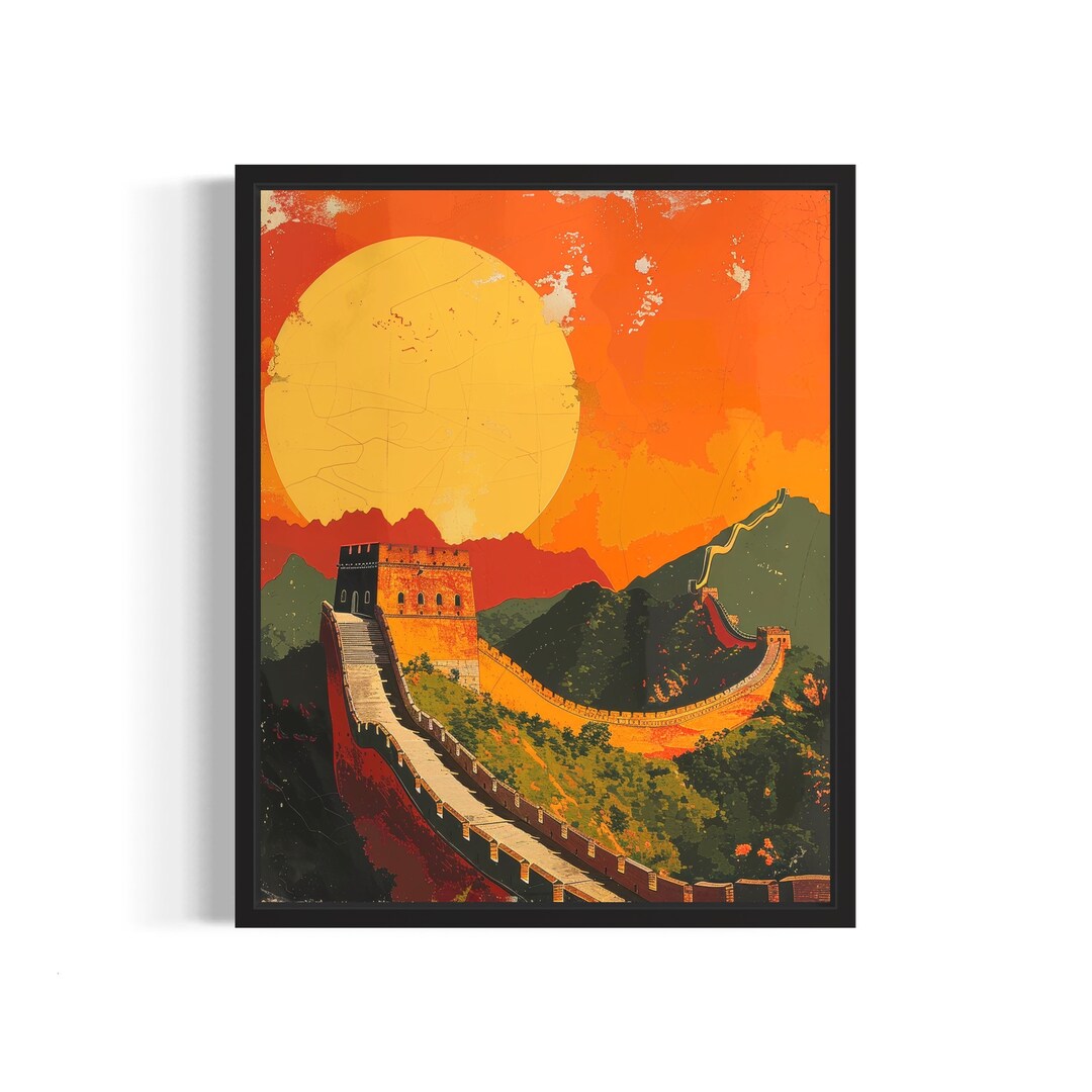 Great Wall of China Poster Art Print, Vintage Retro Landmarks Painting ...