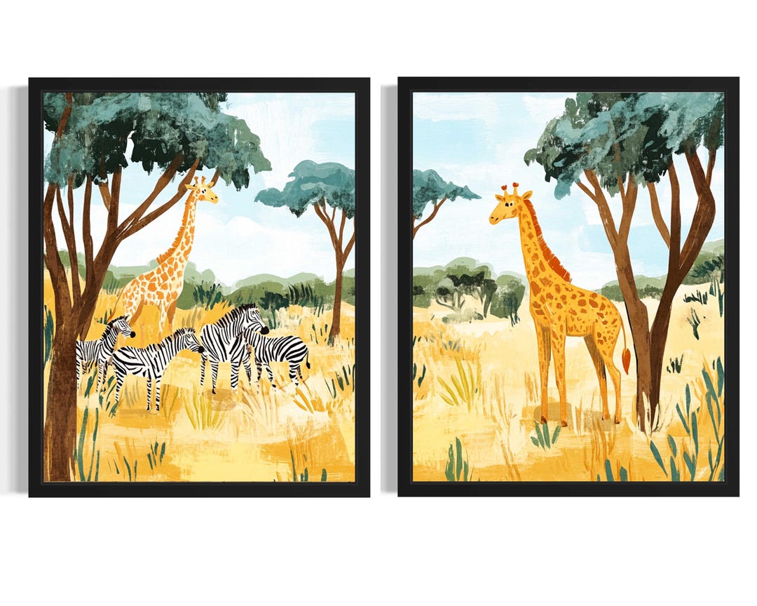 Safari Animals Poster Art Print (set of 2), Children Nursery Wall Art ...