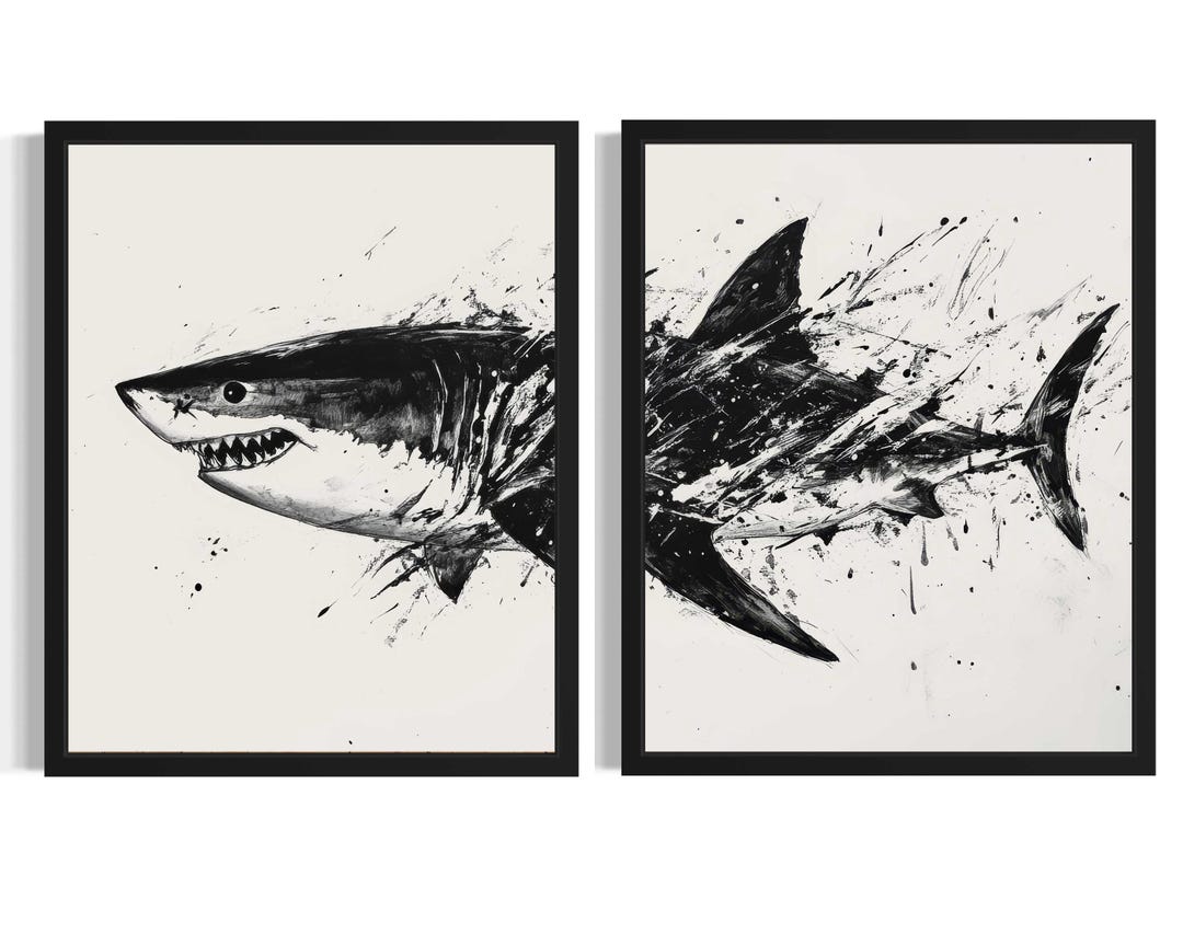 Great White Shark Poster Art Print (set of 2), Animal Wall Art Painting ...