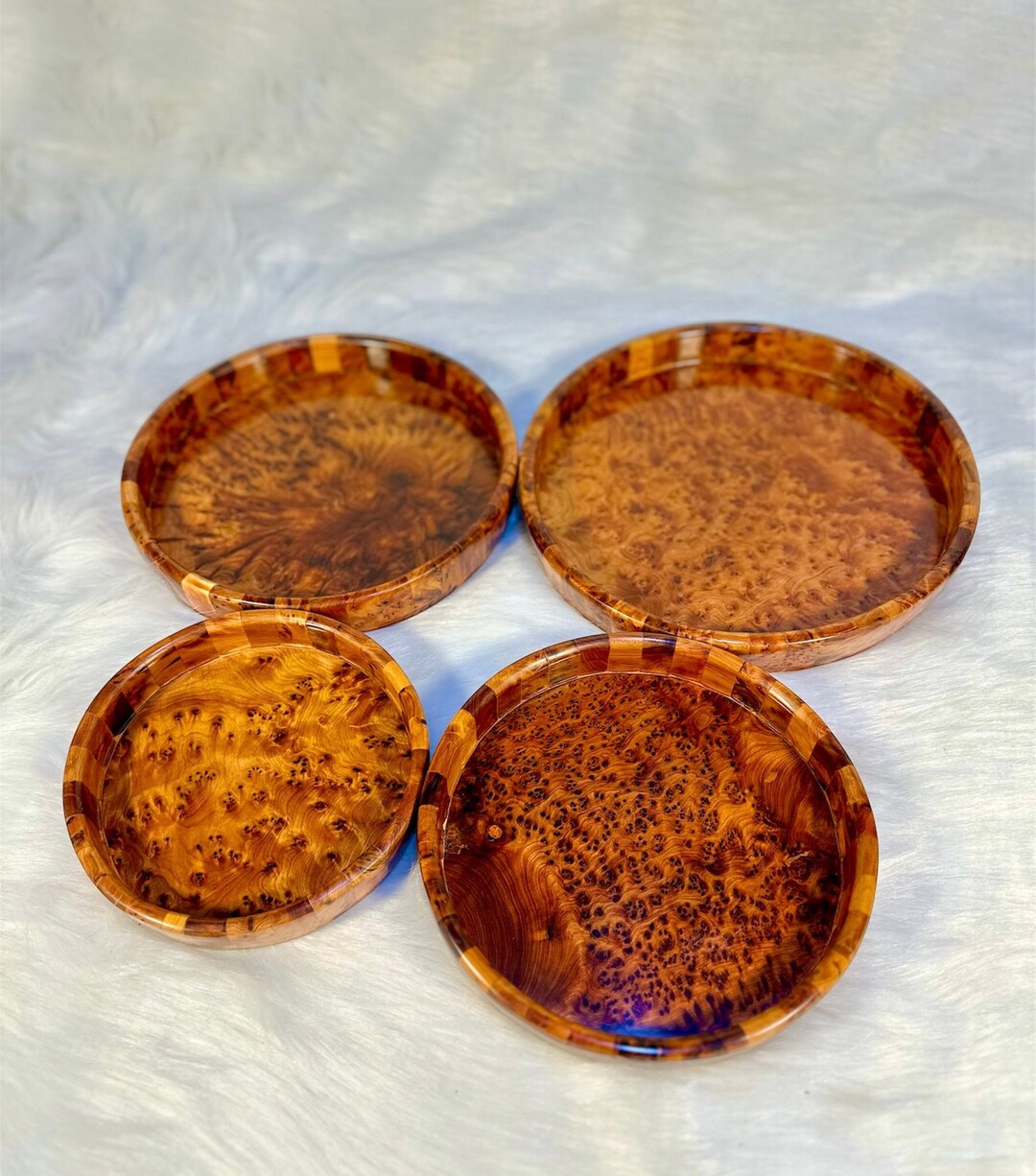 Set of 4 Thuya Wood Burl Veneer Trays Handmade Thuya Burl Decorative ...