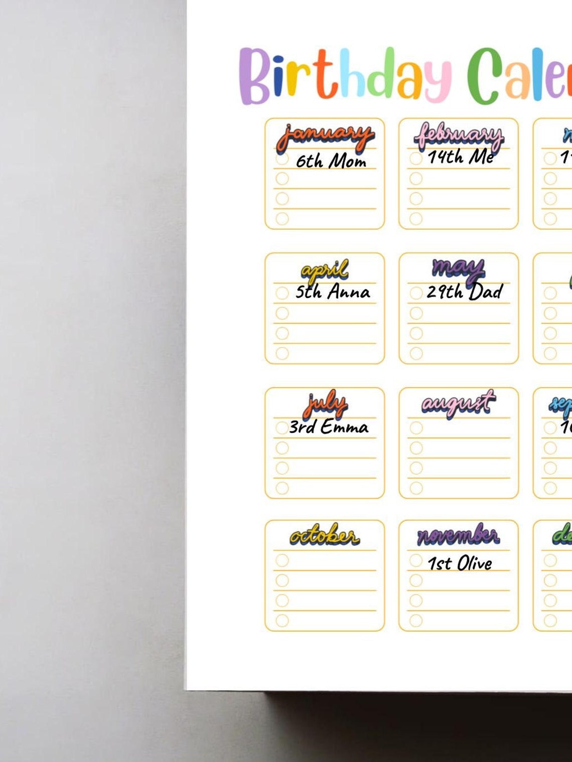 Colorful Birthday Calendar Printable | DIGITAL DOWNLOAD | Birthday ...