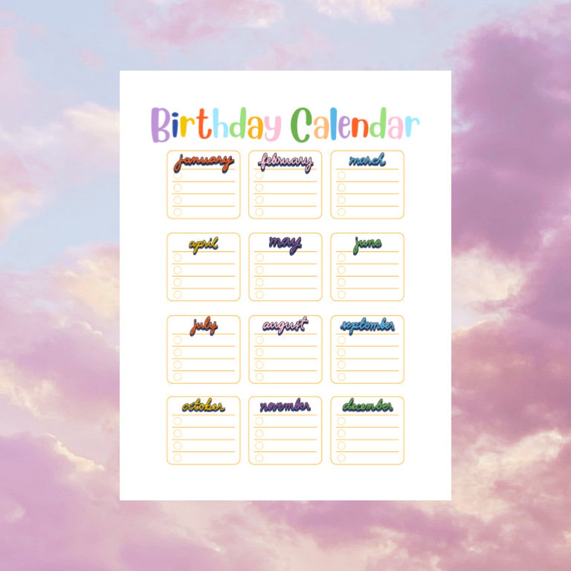 Colorful Birthday Calendar Printable | DIGITAL DOWNLOAD | Birthday ...