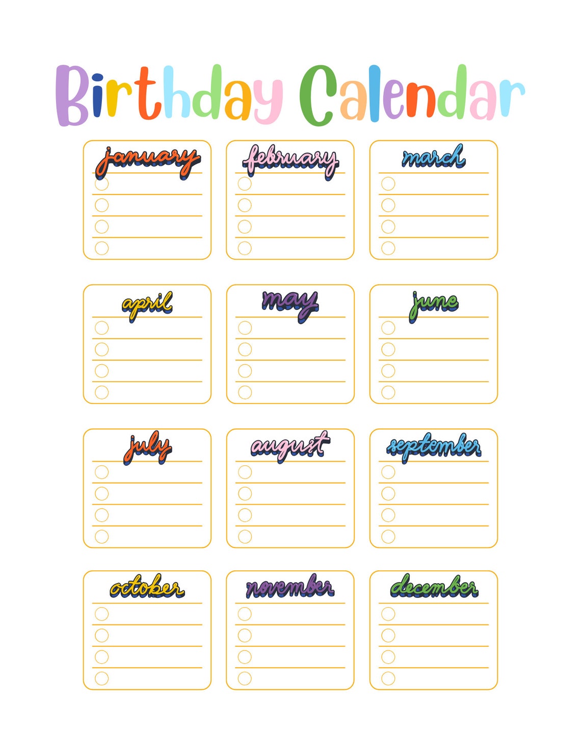 Colorful Birthday Calendar Printable | DIGITAL DOWNLOAD | Birthday ...
