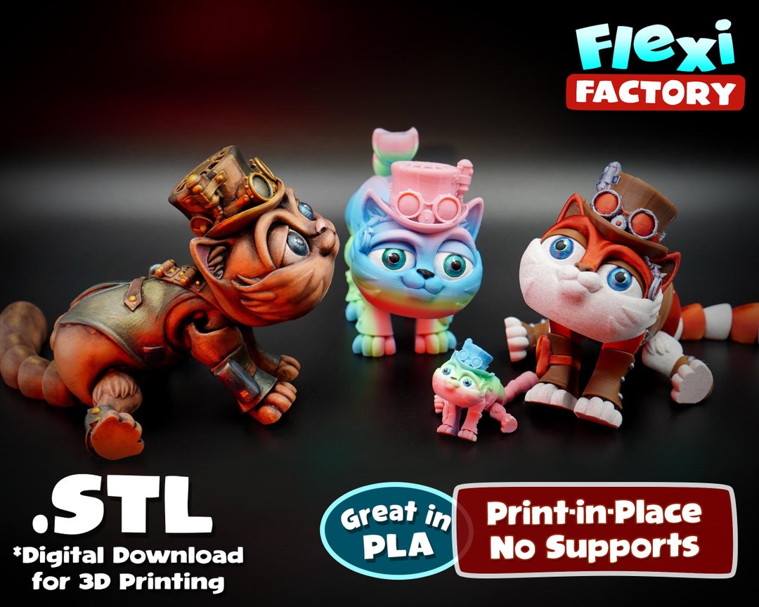Flexi Factory Print-in-place Steampunk Cat 3D STL and 3MF Files for ...