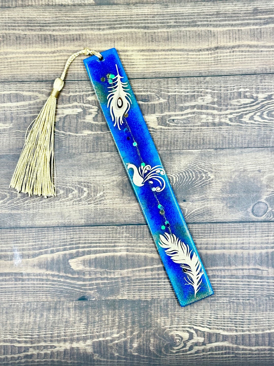 Peacock Resin Bookmark | Sparkly Blue and Gold Bookmark | Peacock Lover ...
