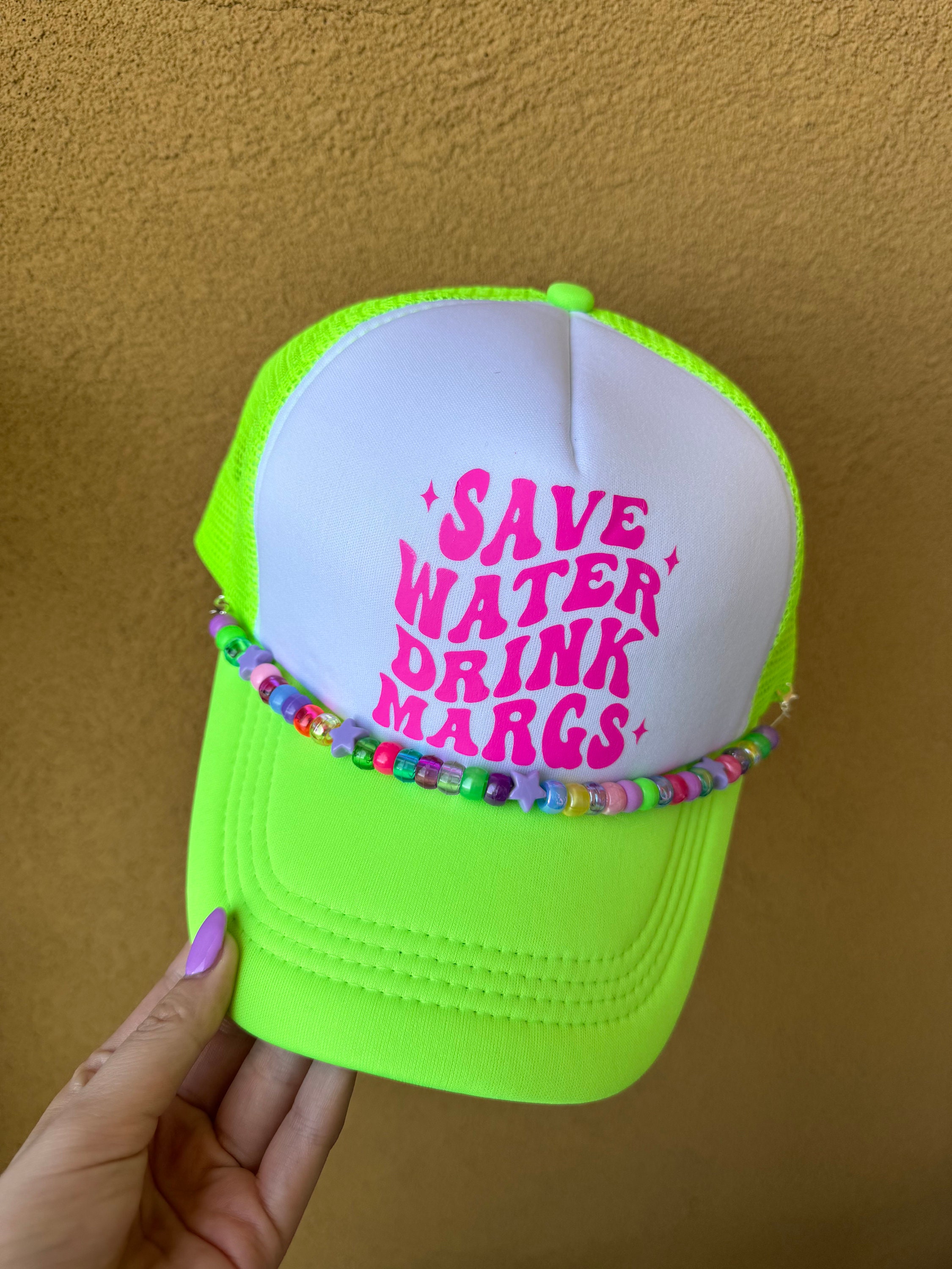 Neon Green Trucker Hat: Save Water Drink Margs, Beaded Hat - Etsy