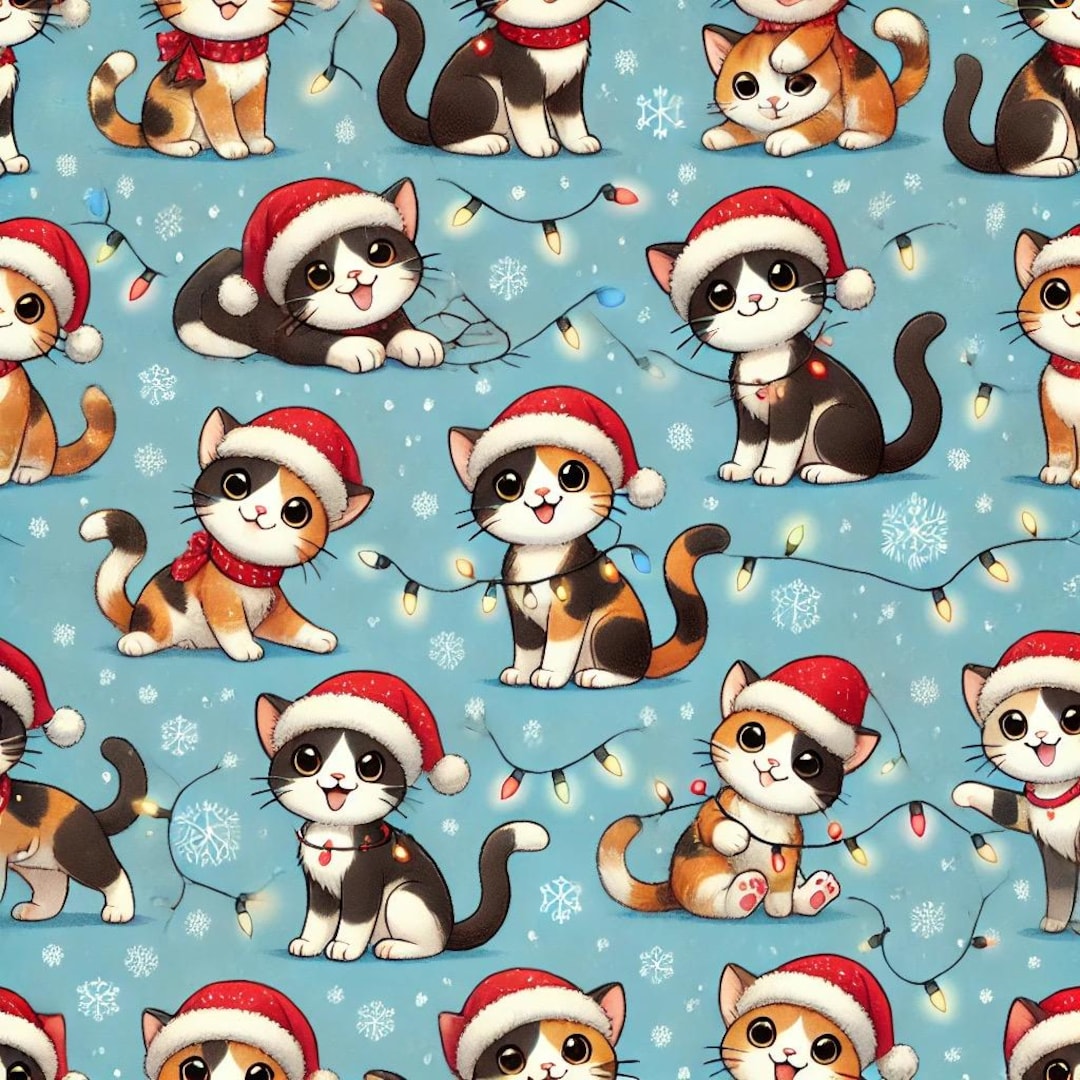 Cute Calico Cats Christmas Digital Wrapping Paper Adorable Festive Gift ...