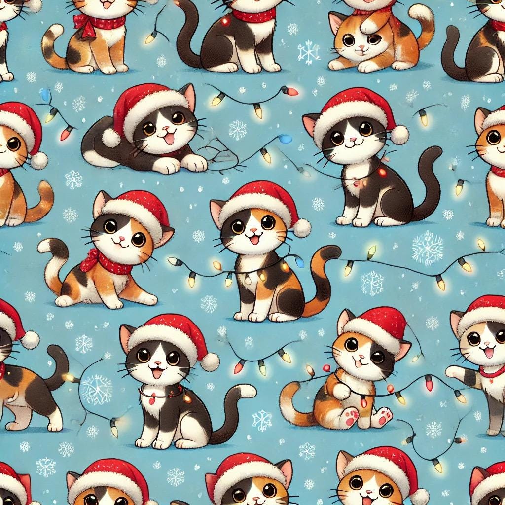 Cute Calico Cats Christmas Digital Wrapping Paper Adorable Festive Gift ...