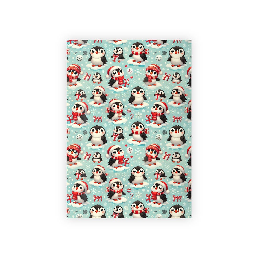 Cute Penguins Christmas Wrapping Paper Adorable Santa Hat Penguins ...