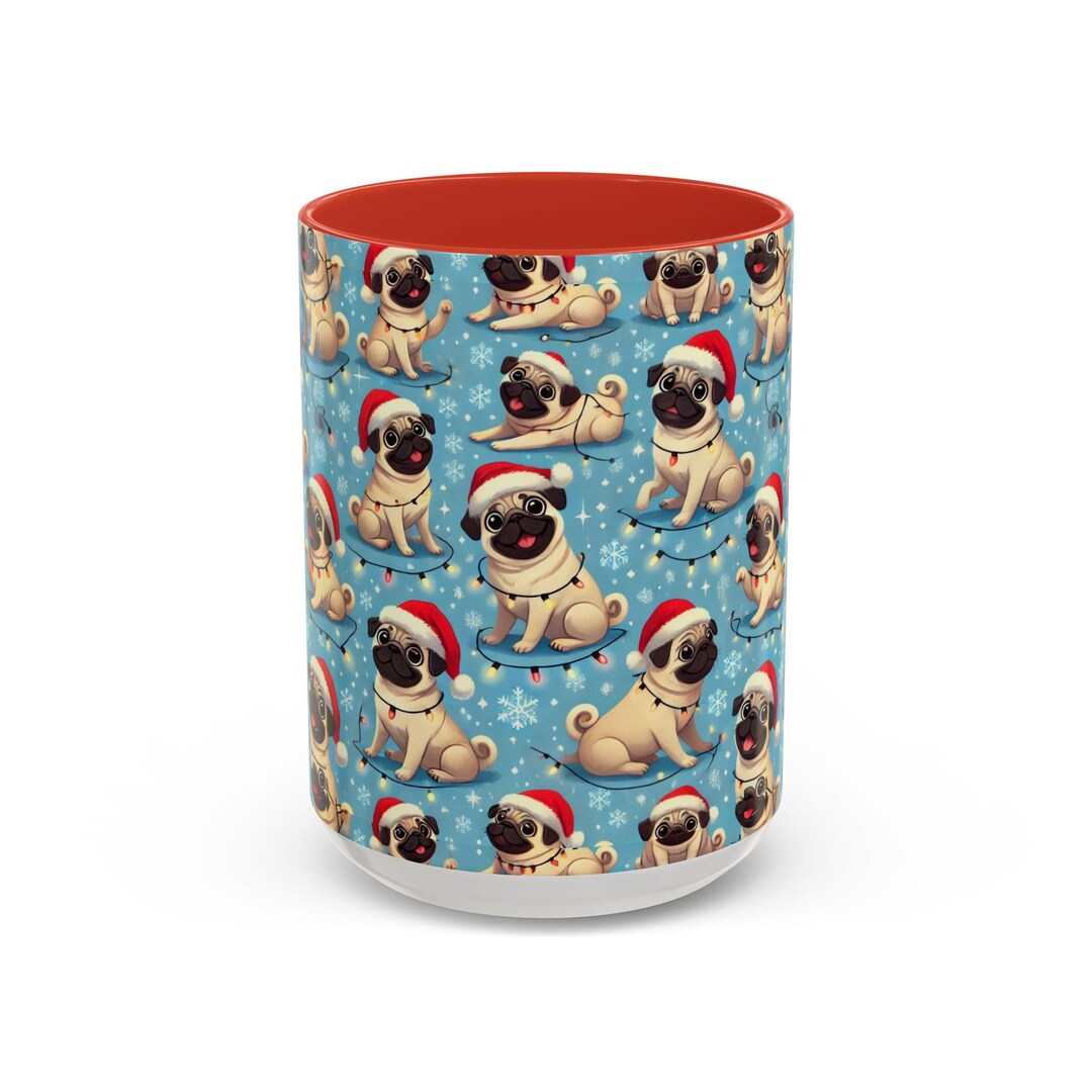 Mug, Cute Pugs Christmas Coffee Cup, Santa Hats, Christmas Lights ...