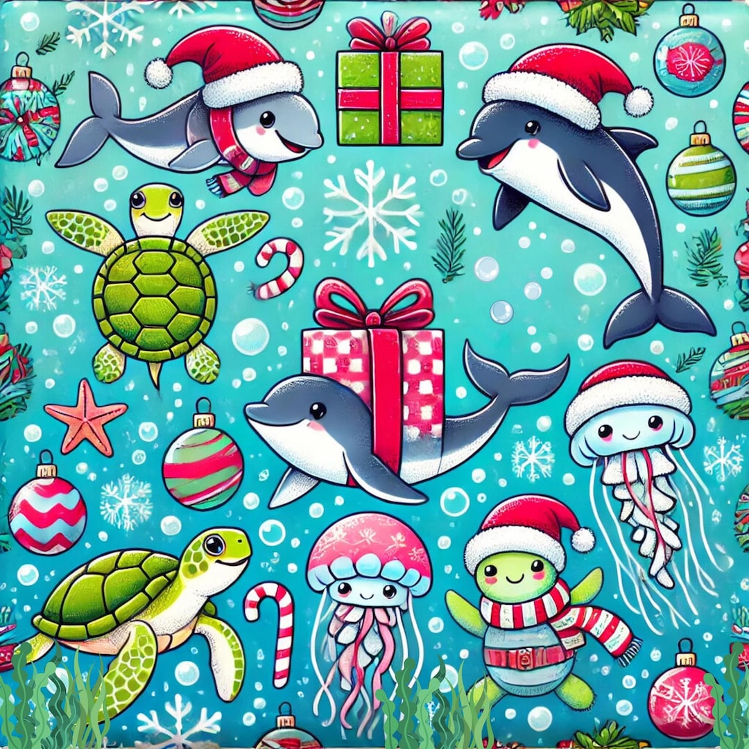 Fun Sealife Underwater Ocean Christmas Wrapping Paper Pattern Wrapping ...