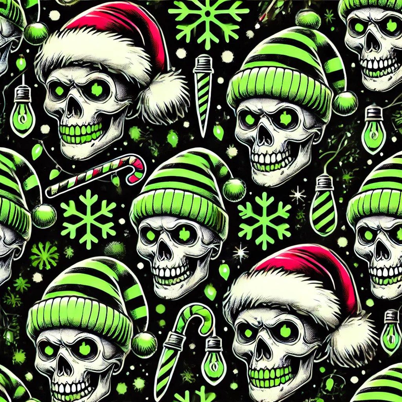 Skull Christmas Wrapping Papers, Holiday Gift Wrap, Neon Skulls Pattern ...