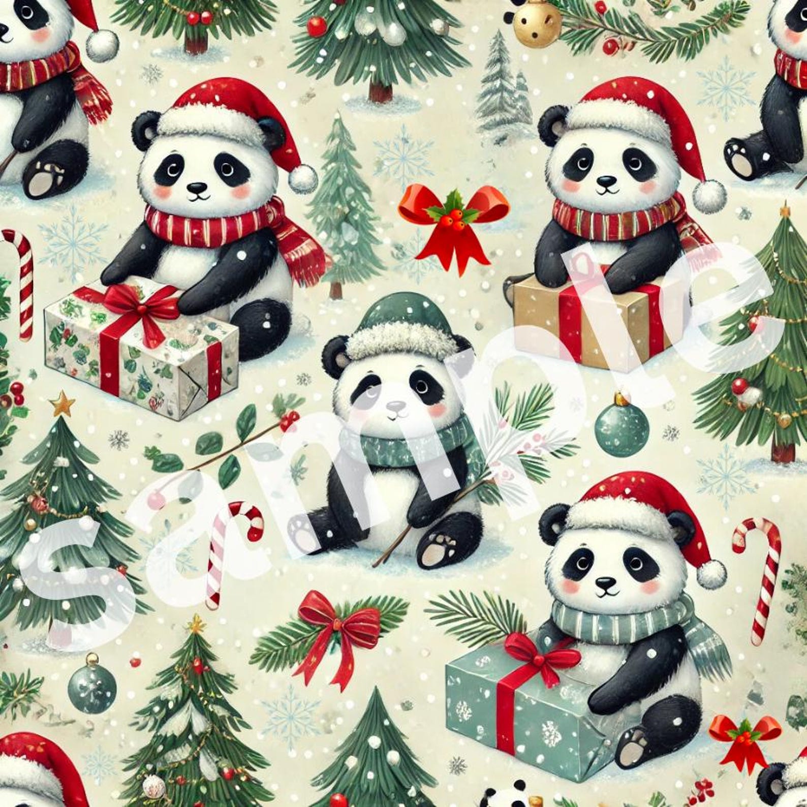 Pandas Christmas Festive Fun Christmas Wrapping Paper Pattern (instant ...