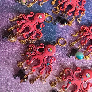 Space Octopus Polymer Clay Statement Earrings Red With Blue Splatter ...