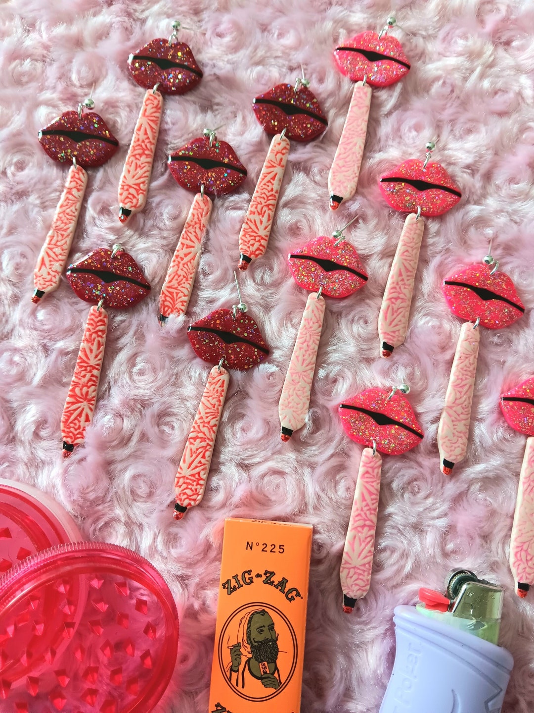 Lips With Hanging Joint Pink and Red Polymer Clay Earrings With Glitter ...