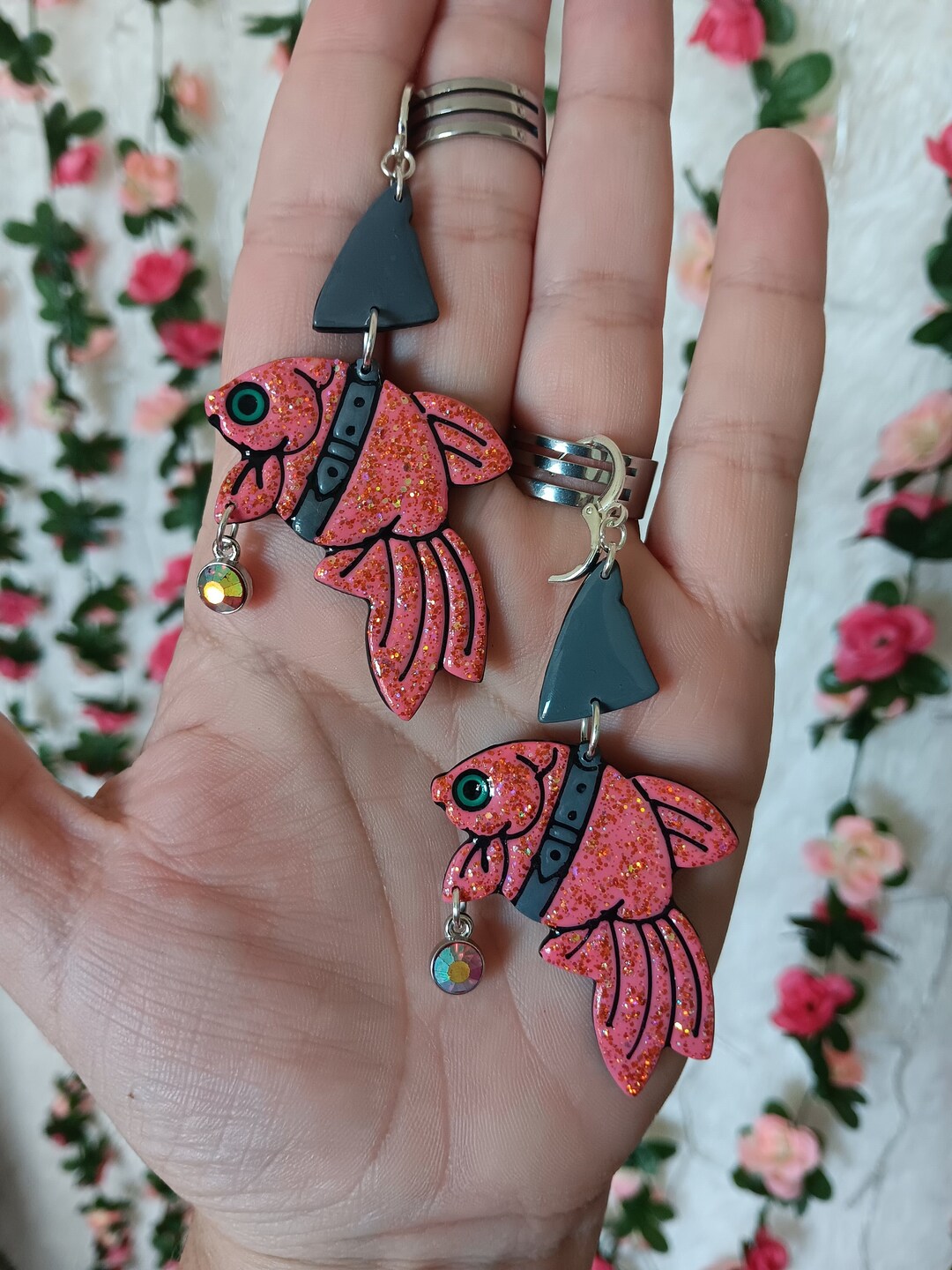Gold Fish Dreams Shark Fin Polymer Clay Statement Earrings Salmon Pink ...