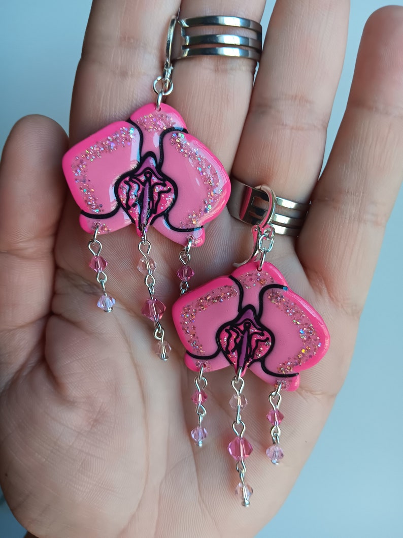 Pink Orchid Vagina Flowers Polymer Clay Earrings Kitschy Adult Humor With Glitter Details And