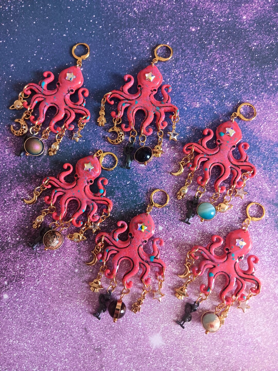 Space Octopus - Polymer Clay Statement Earrings - Red With Blue ...